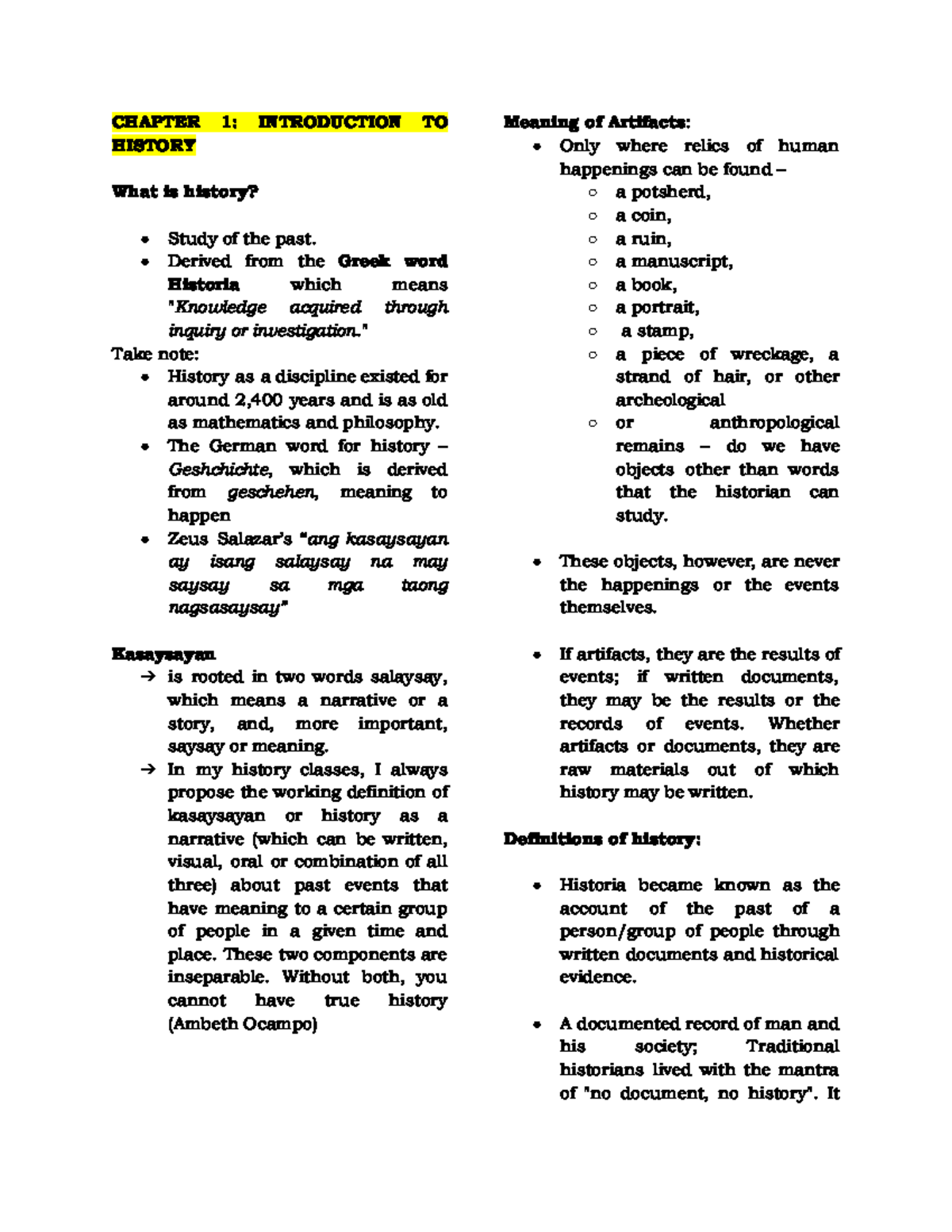 RPH- Notes - CHAPTER 1: INTRODUCTION TO HISTORY What is history? Study ...