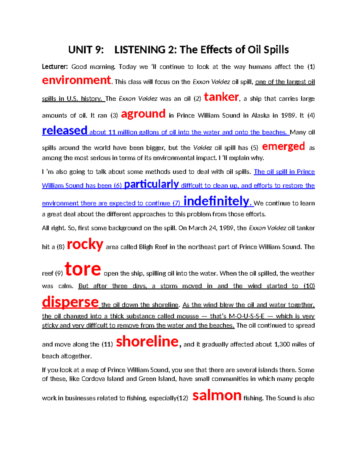 UNIT 9-LIS 2- Oil Spills- KEY - UNIT 9: LISTENING 2: The Effects of Oil ...