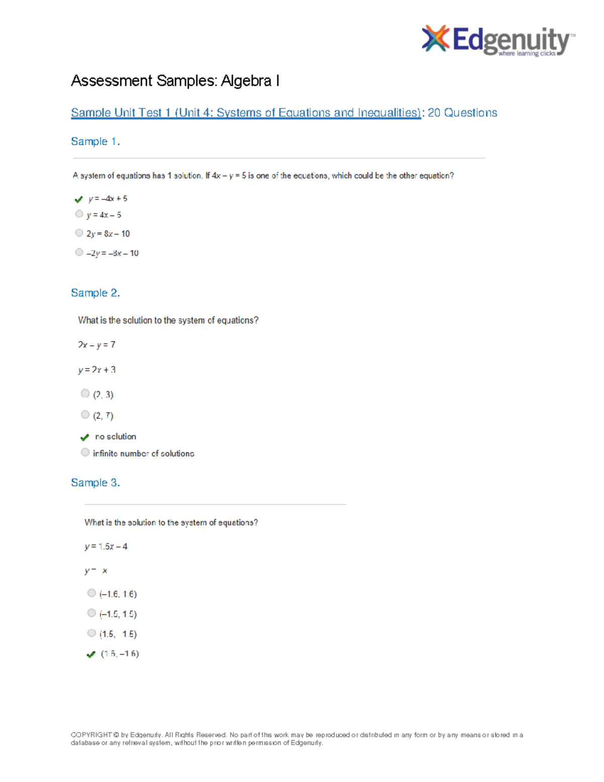 Algebra I Sample Unit Test 1 (Unit 4: Systems of Equations and ...