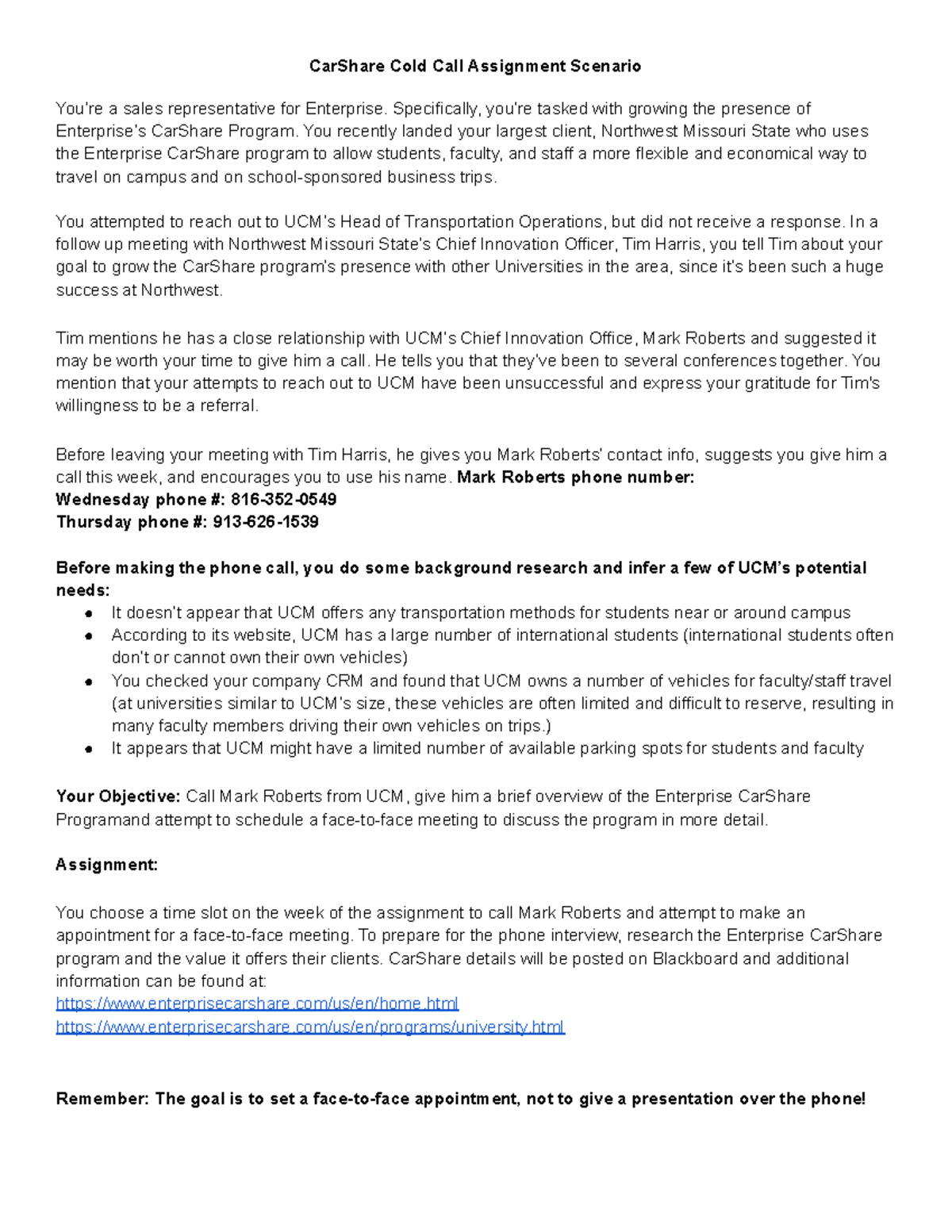 Car Share Cold Call Assignment Scenario - CarShare Cold Call Assignment ...