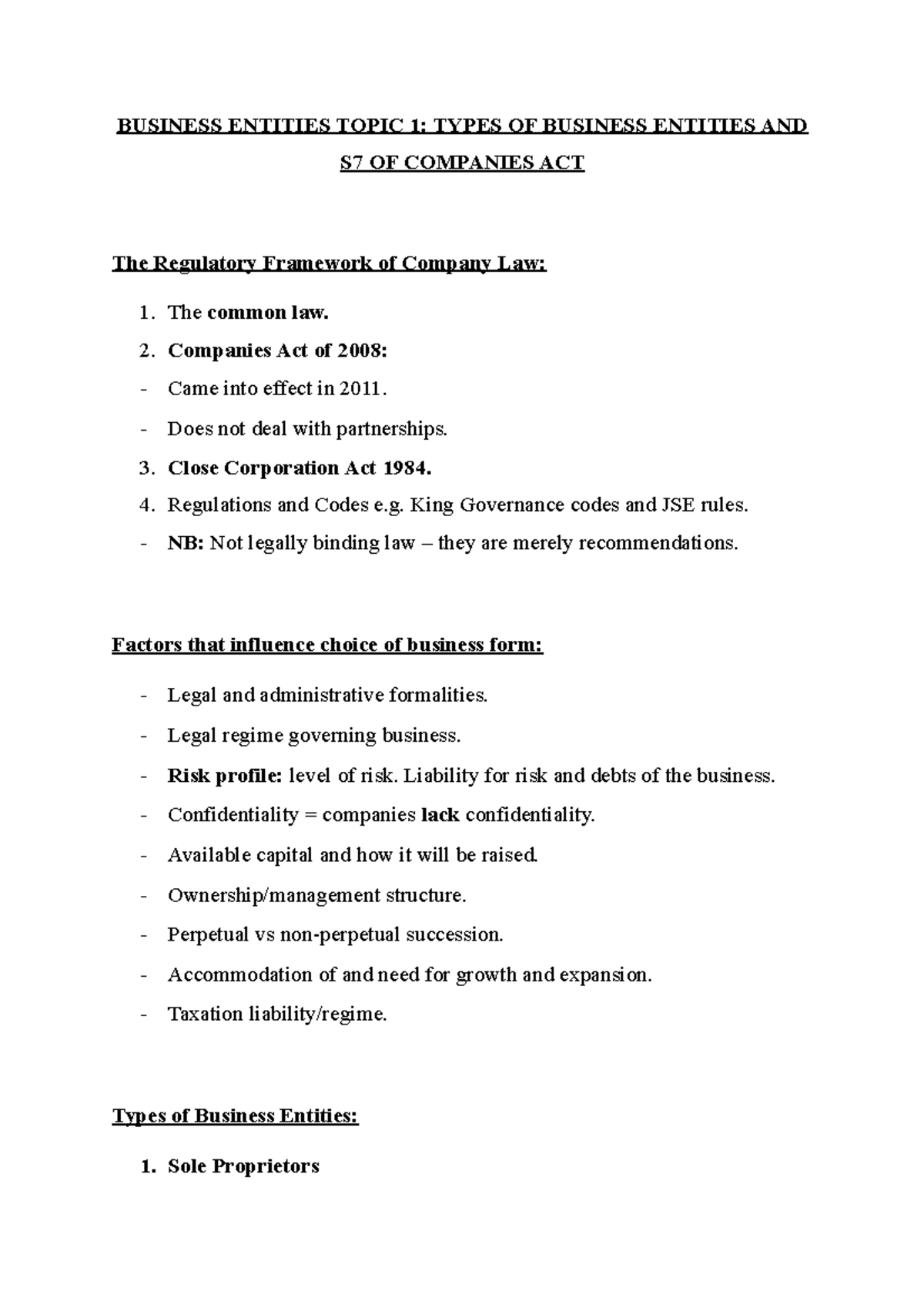 Business Entities Topic 1 Forms OF Business Entities AND Companies ACT ...