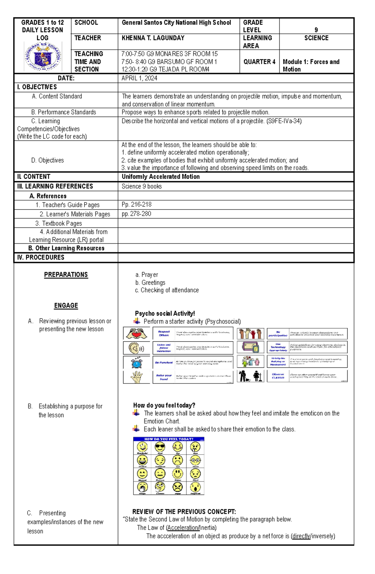 PHY W1 D1 LP G9 SY2023-2024 - GRADES 1 to 12 DAILY LESSON LOG SCHOOL ...
