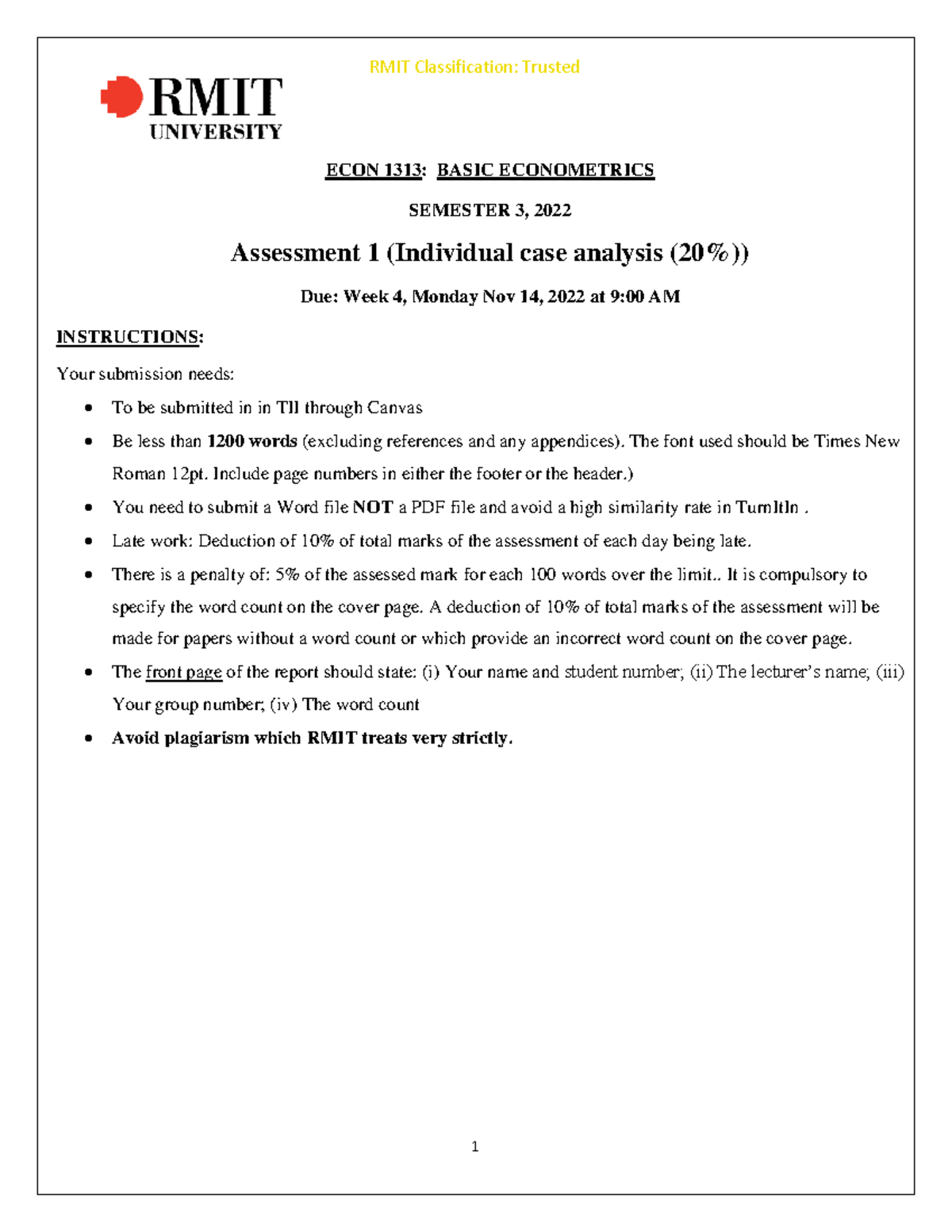 Assessment 1 S3 2022 final - 1 RMIT Classification: Trusted ECON 1313 ...