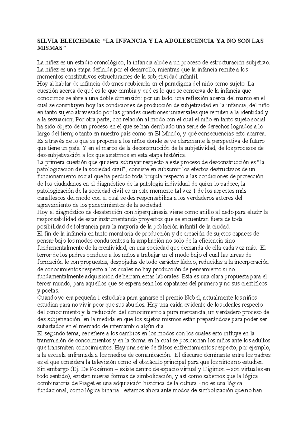 Resumen Bleichman - PSI - SILVIA BLEICHMAR: “LA INFANCIA Y LA ...
