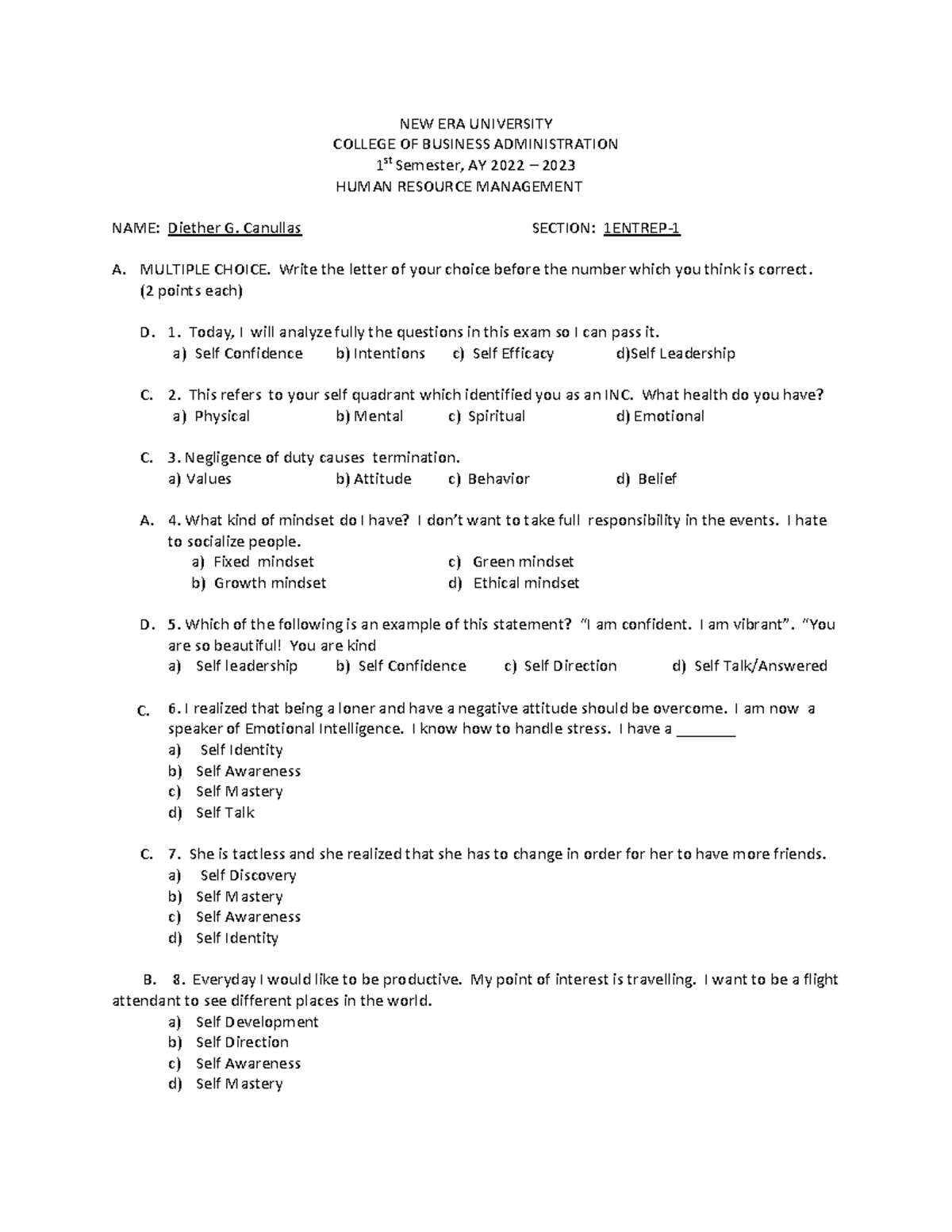 Canullas, Diether G. Final Exam HRM - NEW ERA UNIVERSITY COLLEGE OF ... Canullas, Diether G. Final Exam HRM - NEW ERA UNIVERSITY COLLEGE OF ...
