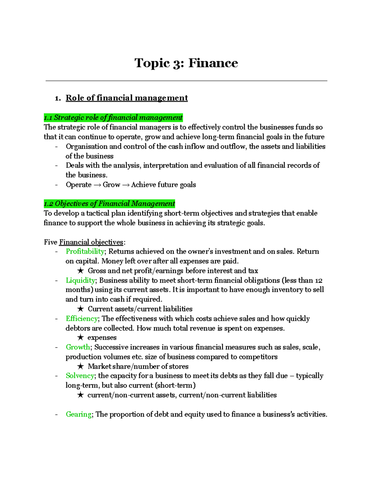 topic 3 - full notes on finance - Topic 3: Finance 1. Role of financial ...