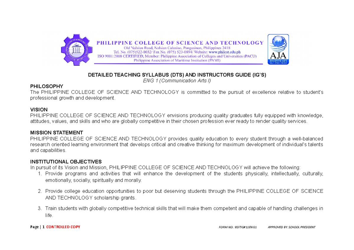 Communication Arts I - lecture notes - DETAILED TEACHING SYLLABUS (DTS ...