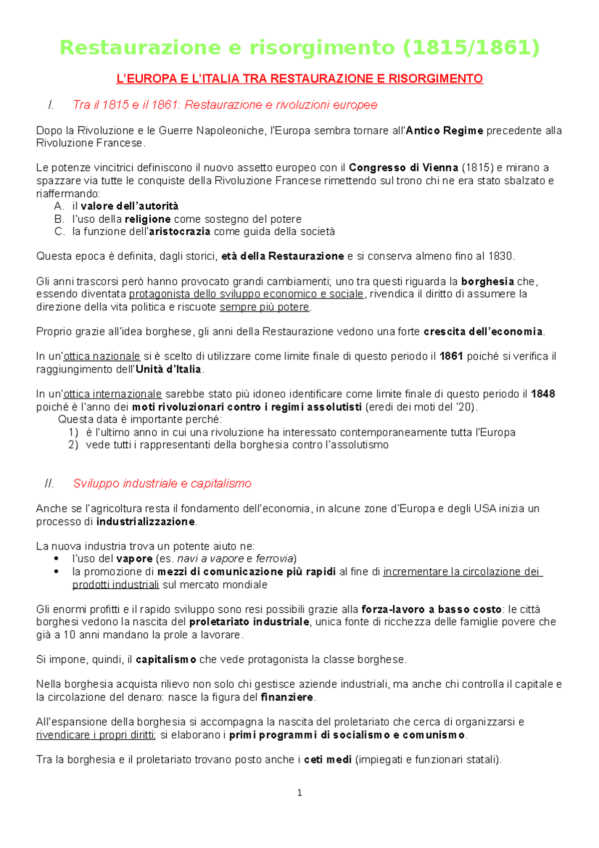 G. Ferroni - Restaurazione e Risorgimento - ( Riassunto) - Restaurazione e risorgimento (1815/ ...