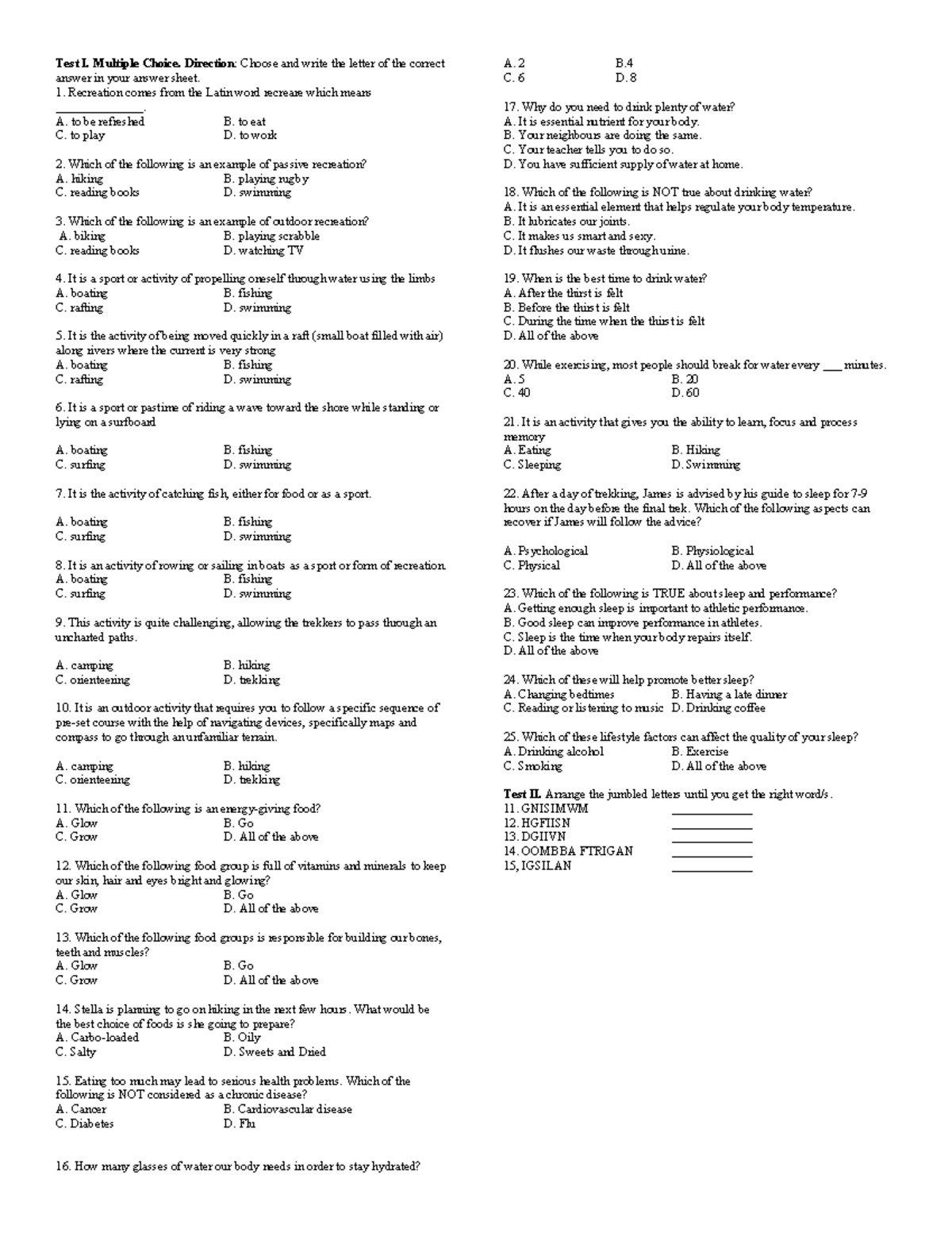 PE 12 LONG QUIZ - Long quiz - Test I. Multiple Choice. Direction ...
