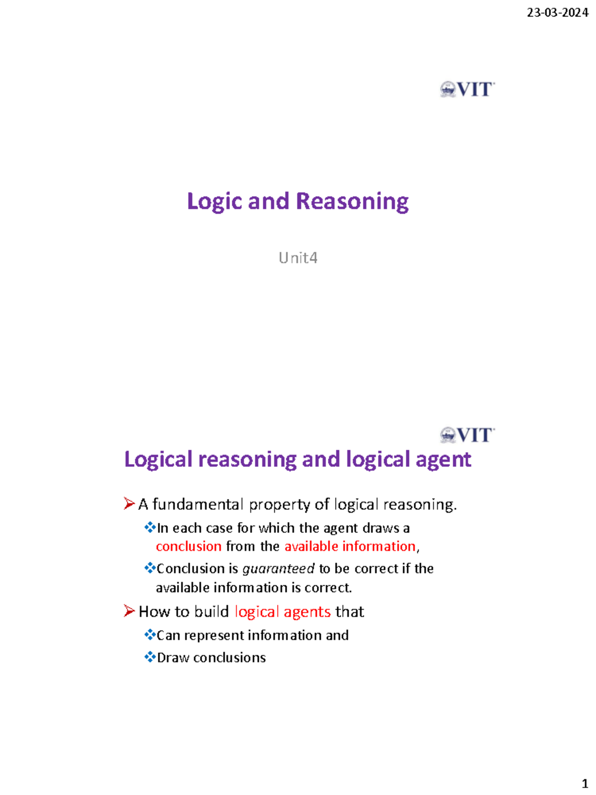 Module 4 - Logic and Reasoning Unit Logical reasoning and logical agent ...