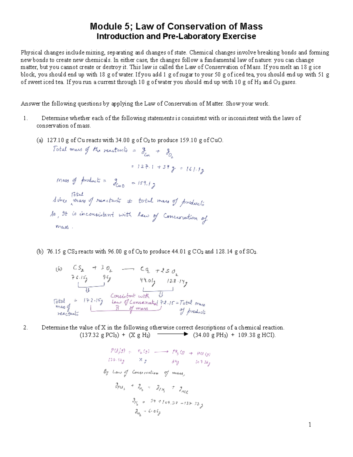 Module 5; Law of Conservation of Mass - Chemical changes involve ...