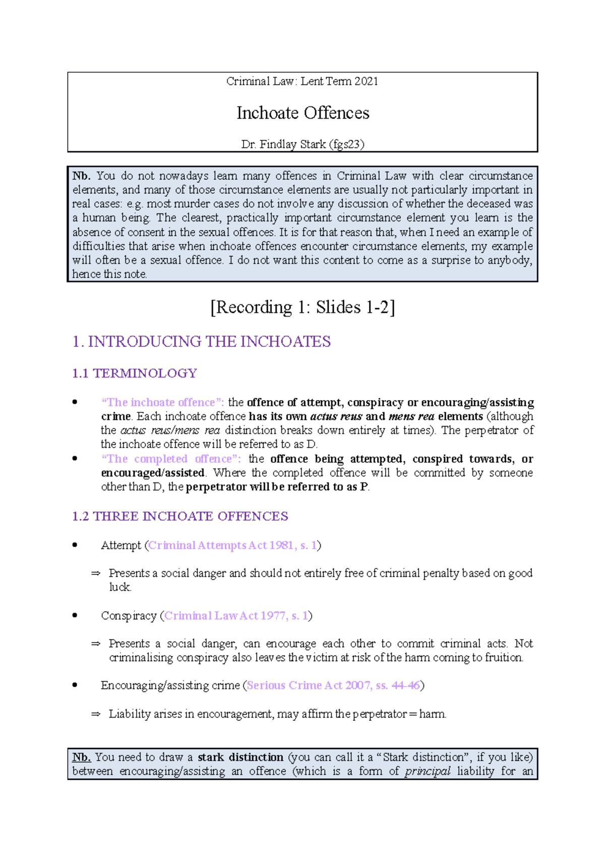 Stark - Inchoate Offences 2021 - Criminal Law: Lent Term 2021 Inchoate ...