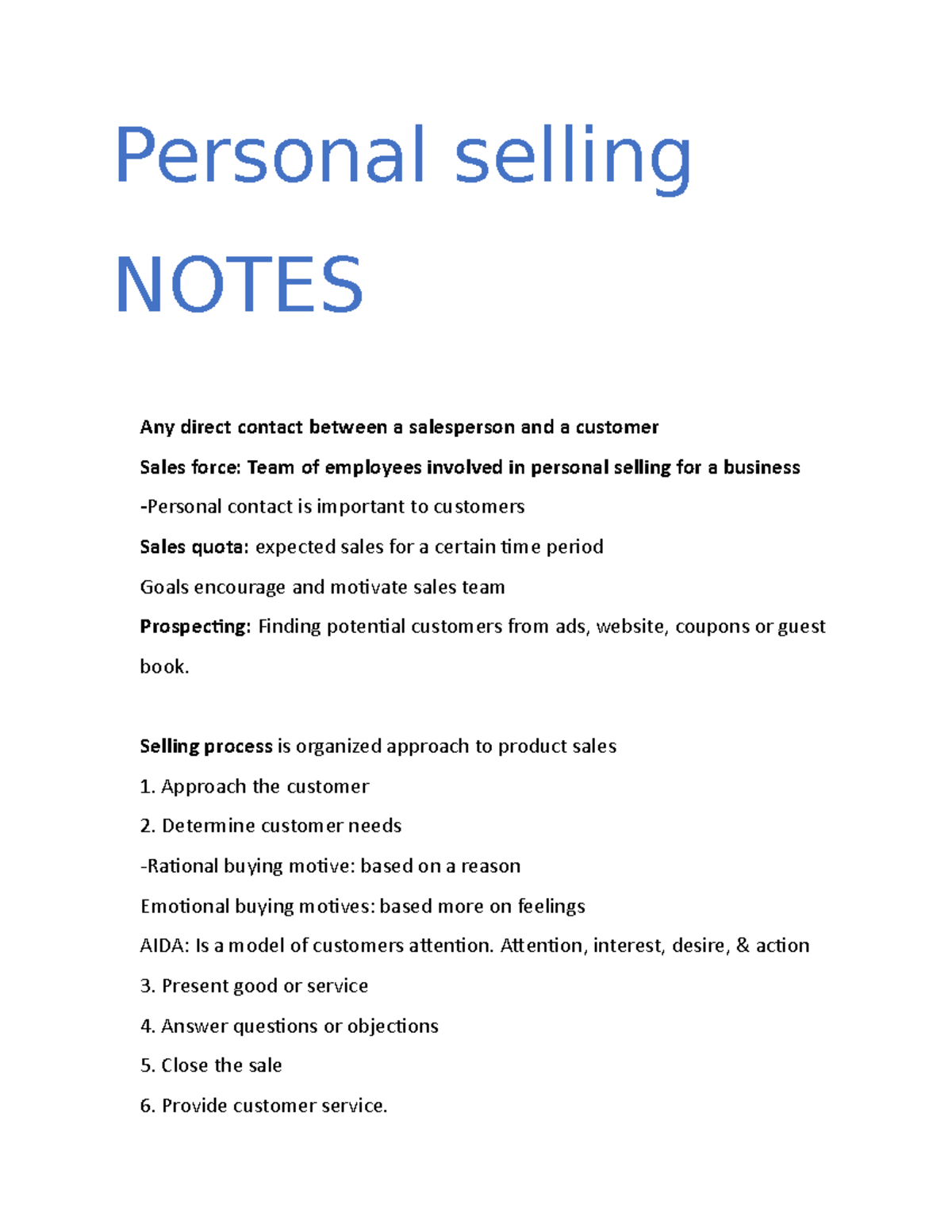 Personal selling Notes - Personal selling NOTES Any direct contact ...
