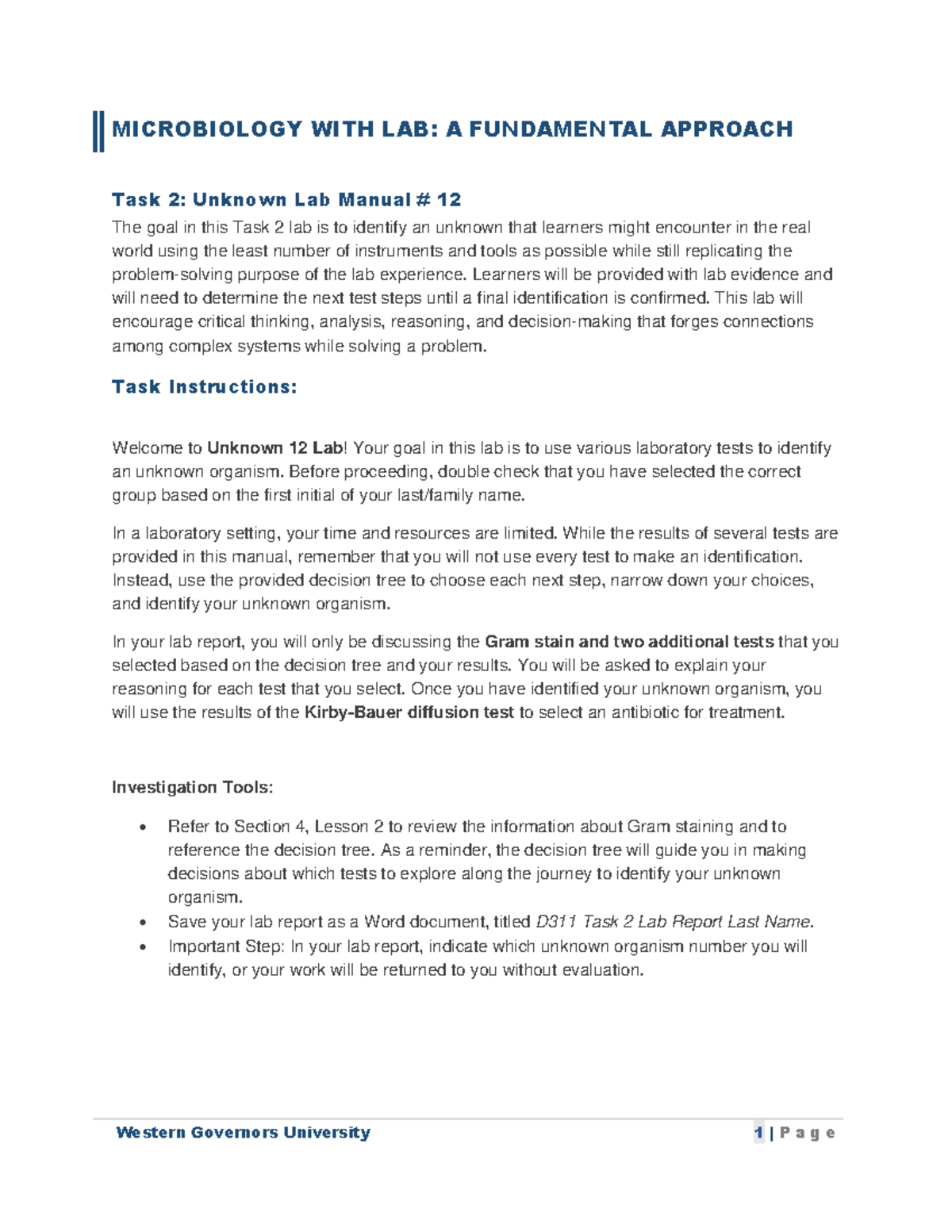 Task 2 Unknown Lab Manual #12 - MICROBIOLOGY WITH LAB: A FUNDAMENTAL ...