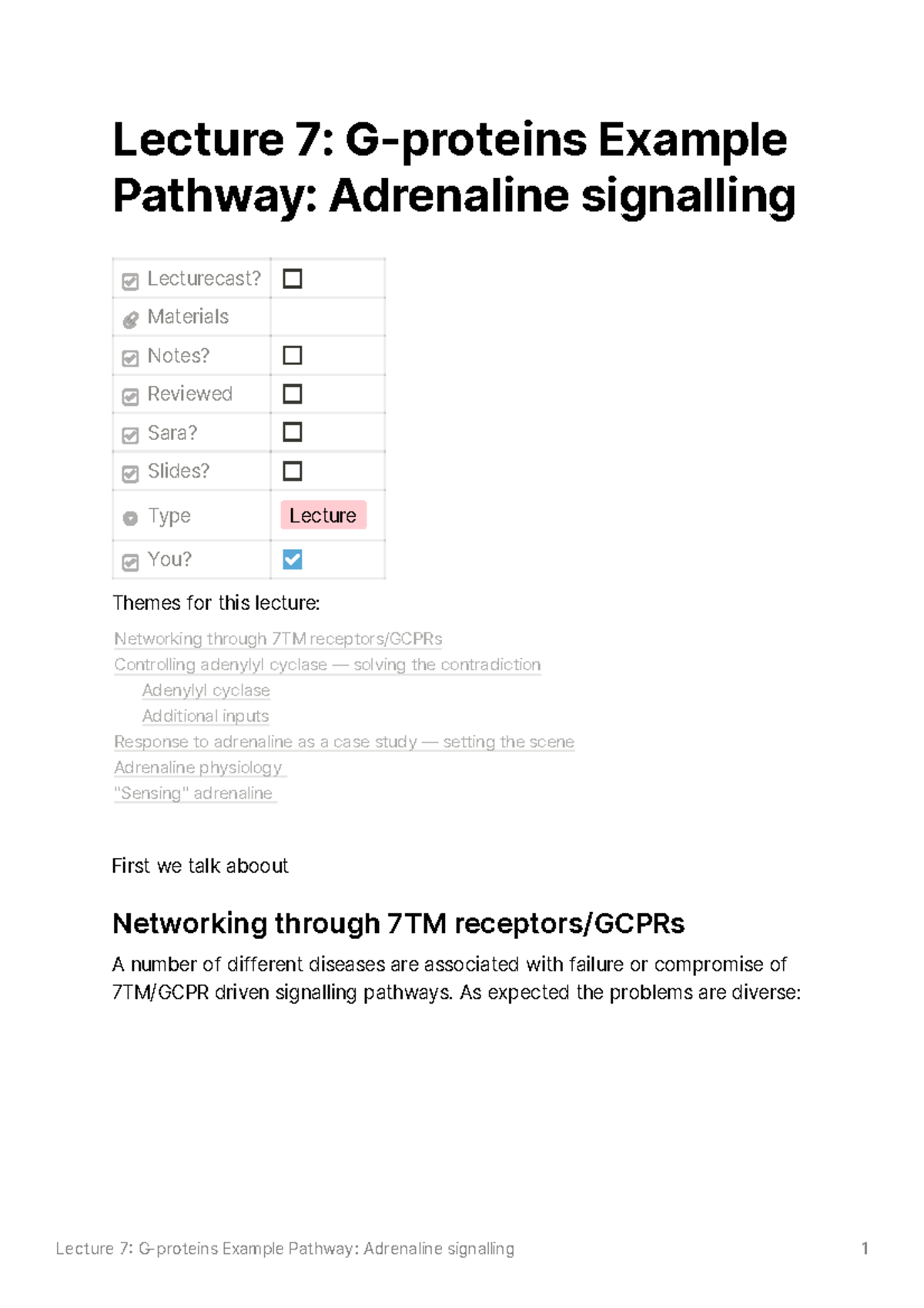 G protein example pathway – adrenaline signalling - Lecture 7: G ...