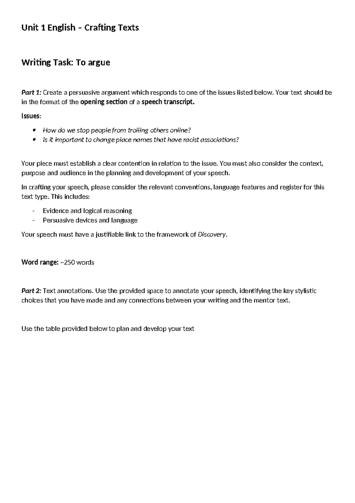 Writing Task- To Argue copy - Unit 1 English – Crafting Texts Writing ...