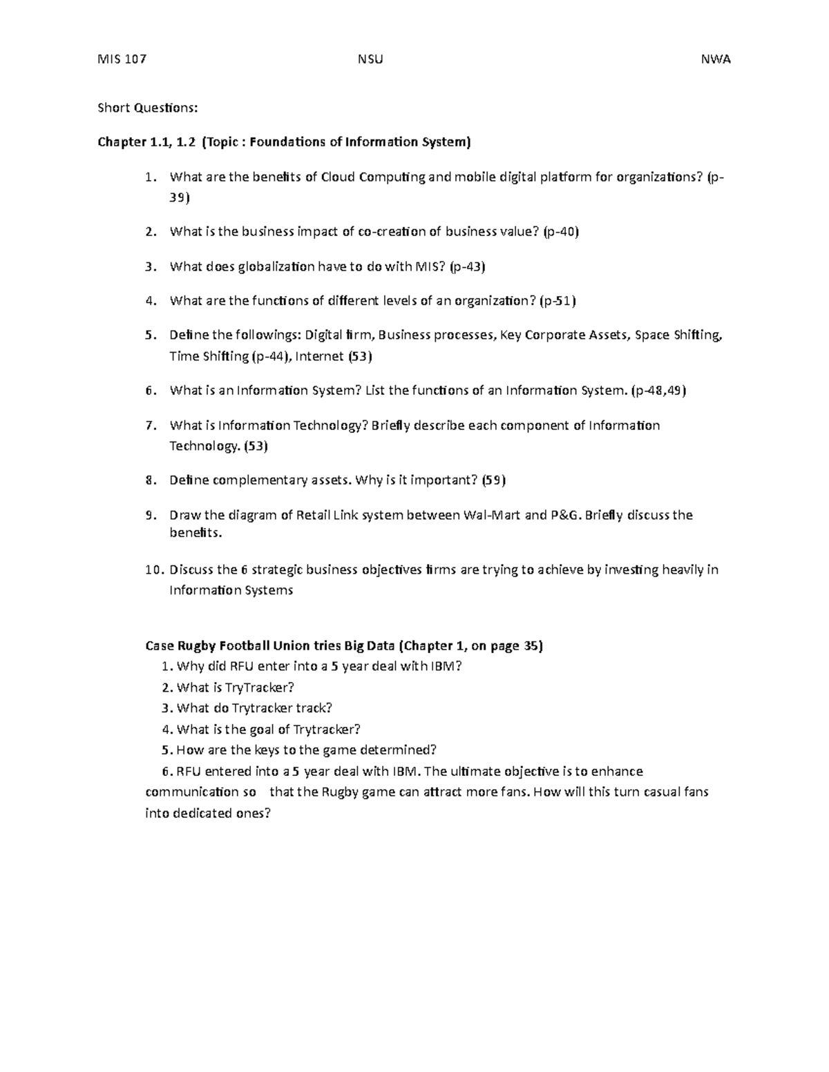 Questions from Chap 1 and Rugby Case - MIS 107 NSU NWA Short Questions: Chapter 1, 1 (Topic ...