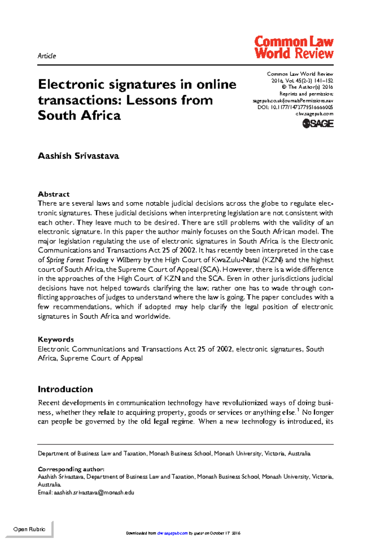 Srivastava Electronic Signatures published CLWR Srivastava - Article ...