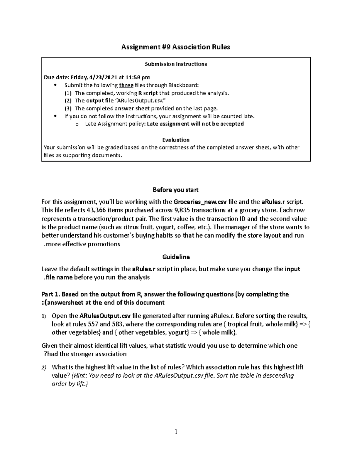 Assignment #9 - Association Rules - Assignment #9 Association Rules ...