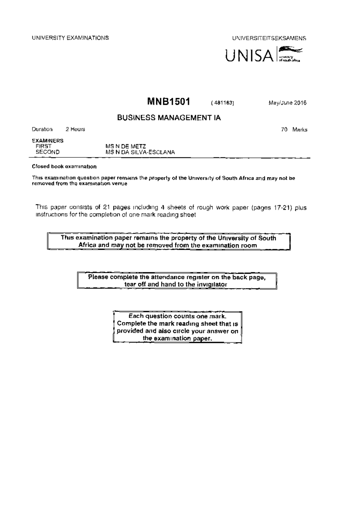 MNB-JUNE-2016 Practice Materials Past Exam - MNB1501 - Unisa - Studocu