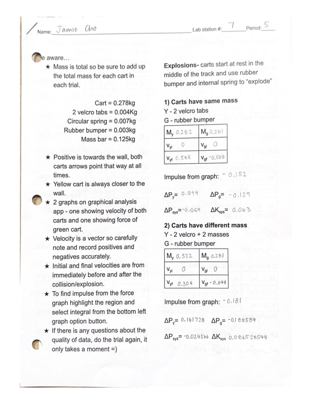 Momentum Impulse Lab - Name: Jamic ano Lab station 7 Period: 5 e aware ...