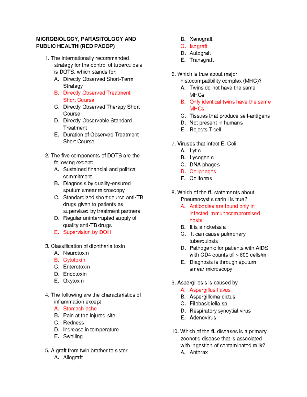 Micro Para Answer Key RED Pacop - MICROBIOLOGY, PARASITOLOGY AND PUBLIC ...