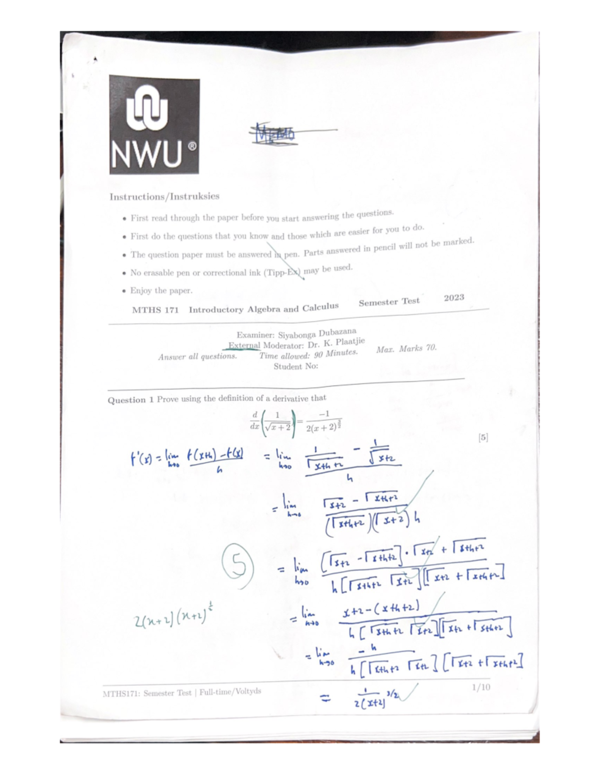 SEMESTER TEST MEMO - MTHS121 - Studocu