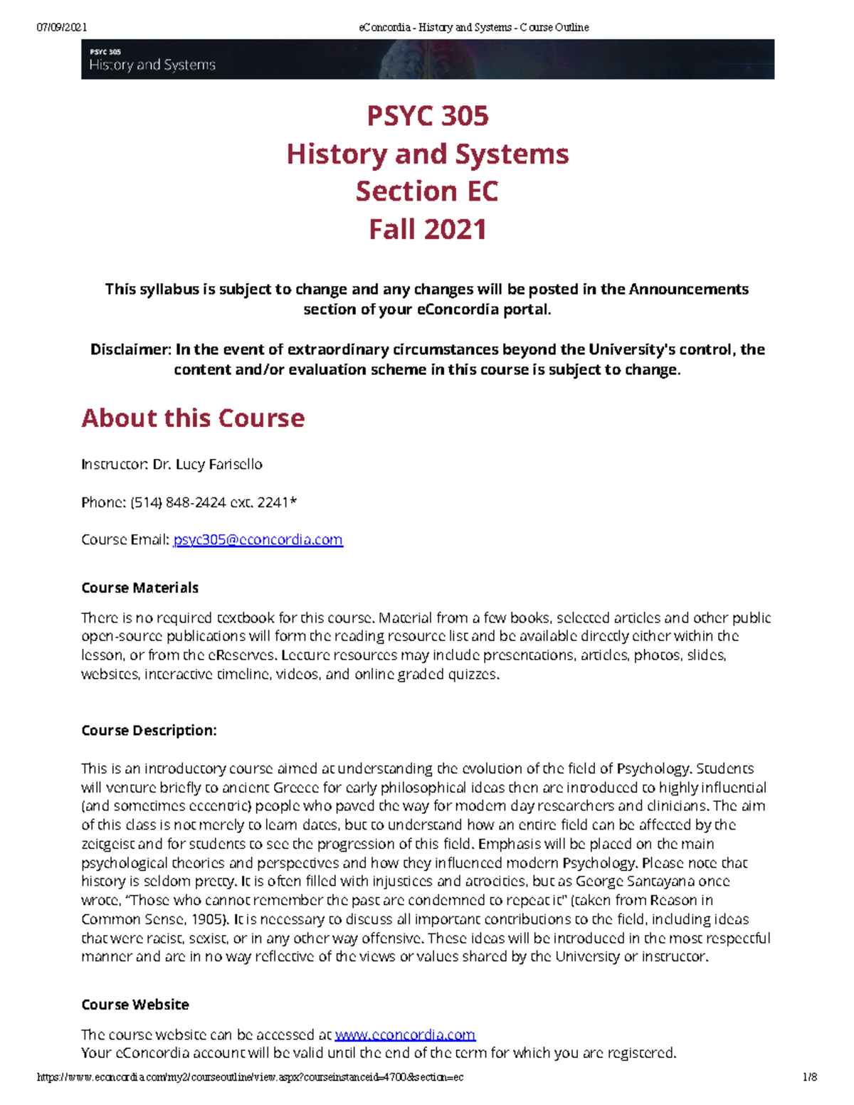 PSYC 305 Course Outline - PSYC 305 History and Systems Section EC Fall ...
