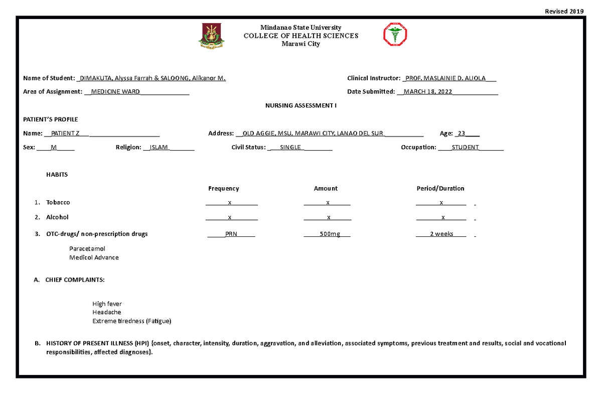 Clinical nursing tool Typhoid fever - Mindanao State University COLLEGE ...