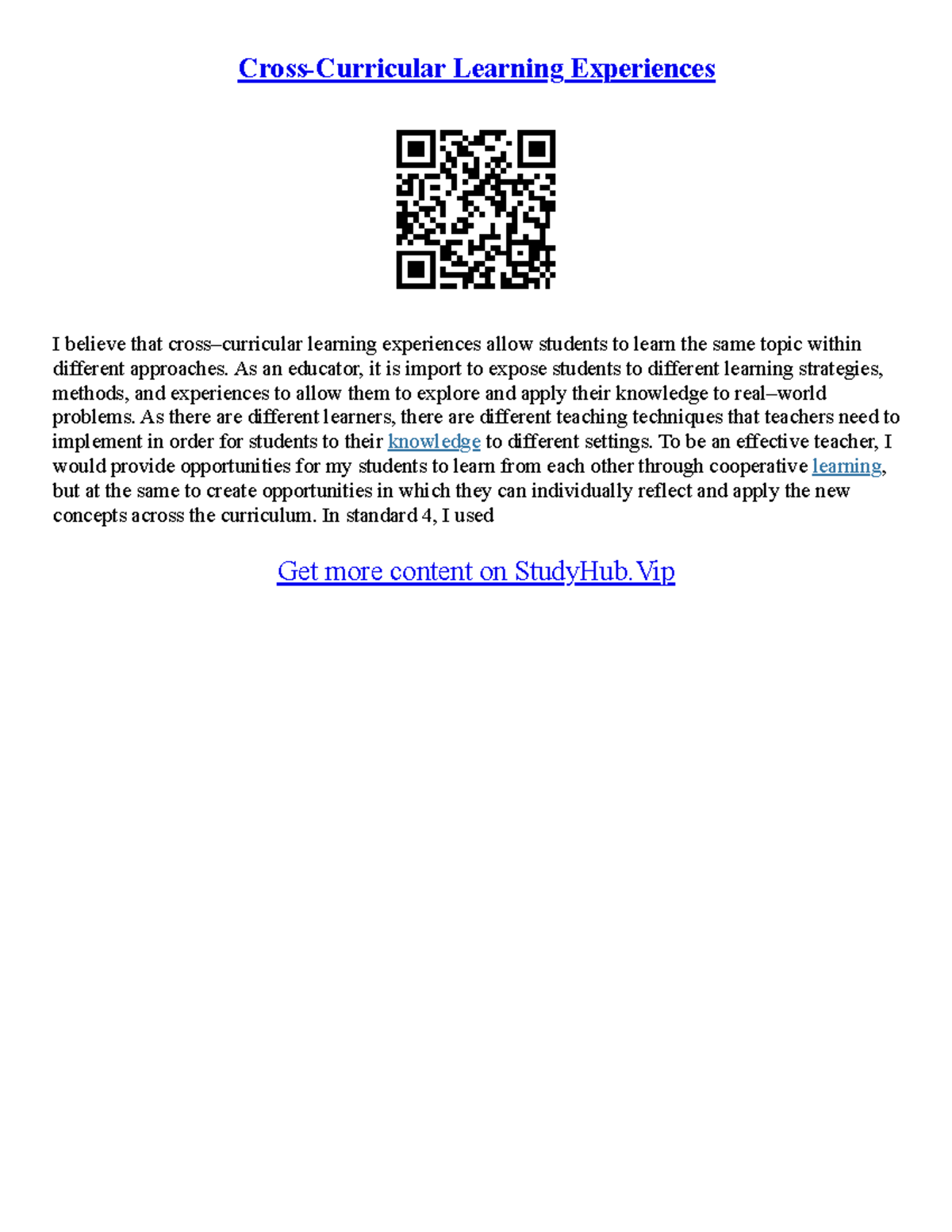 Cross Cultural Experience Essay - Cross-Curricular Learning Experiences ...