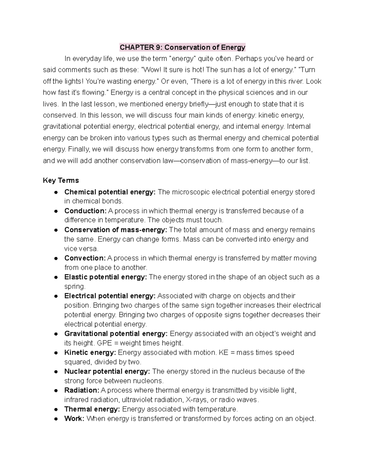 PHY S 100 - Lesson 9 Notes - Conservation of Energy - CHAPTER 9 ...