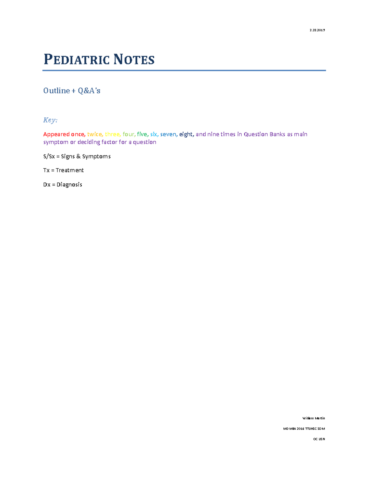 Pediatric Notes for Third Year Shelf - William Martin MD MBA 2016 ...