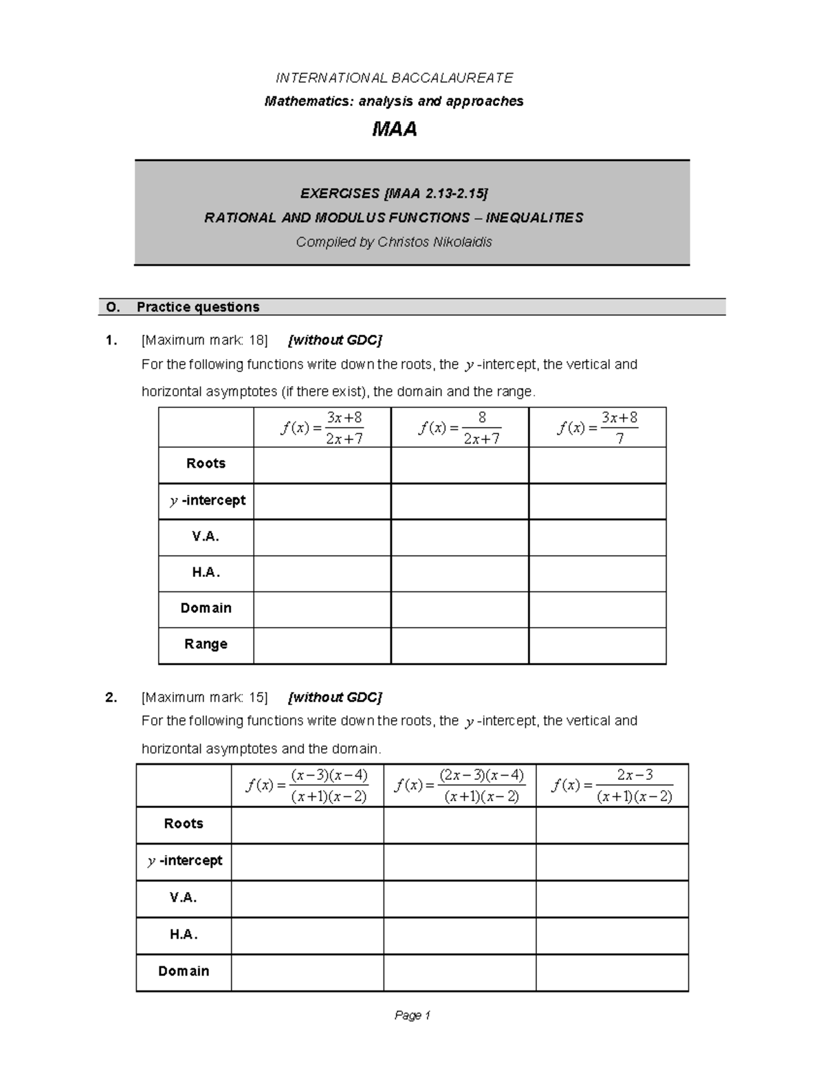 Maa 2 International Baccalaureate Mathematics Analysis And Approaches Maa Exercises [maa 2 13