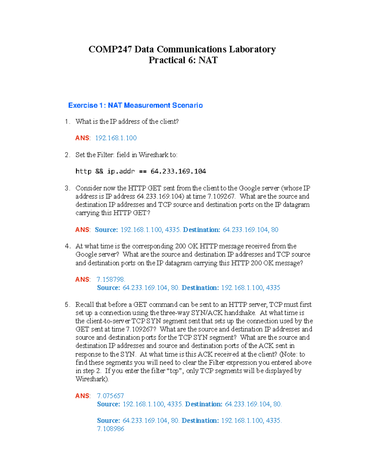 Practical 6 - Answer Template - COMP247 Data Communications Laboratory Practical 6: NAT Exercise ...