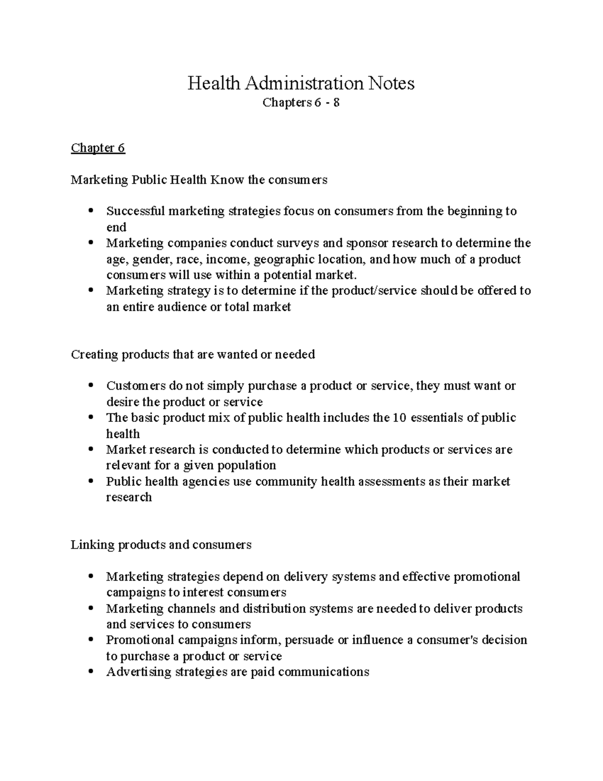 Chapters 6-8 Notes - Health Administration Notes Chapters 6 - 8 Chapter ...