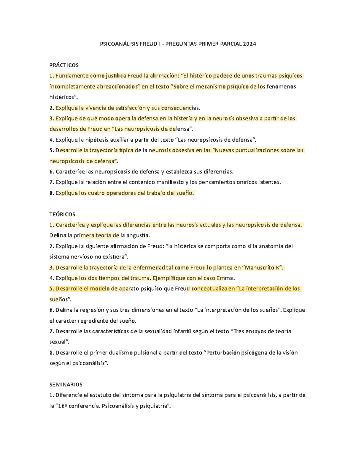 1 parcial 2024 Preguntas orientativas - PSICOANÁLISIS FREUD I - PREGUNTAS PRIMER PARCIAL 2024 ...
