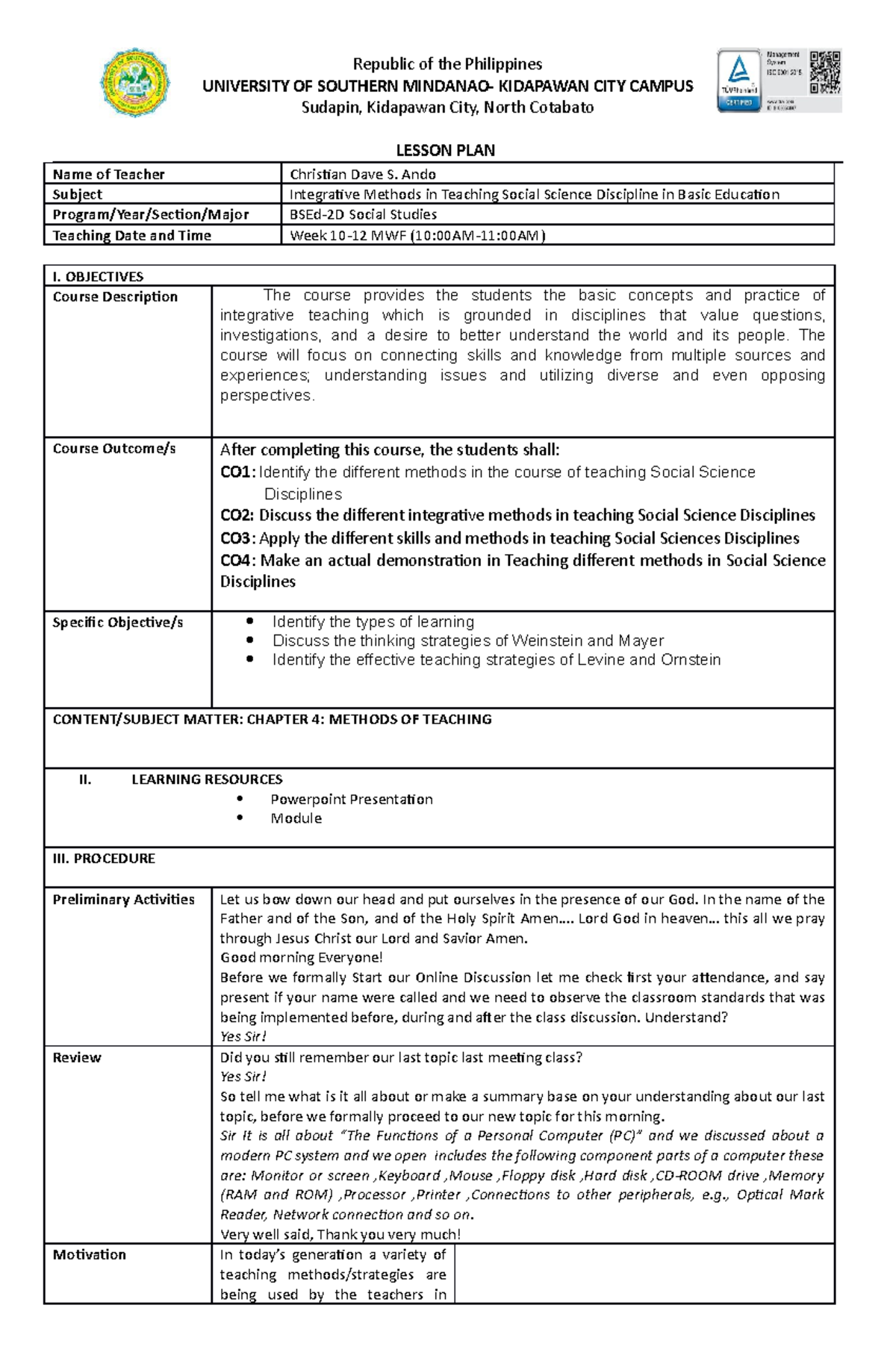 Week 10-12 A. Integrative Methods - UNIVERSITY OF SOUTHERN MINDANAO ...