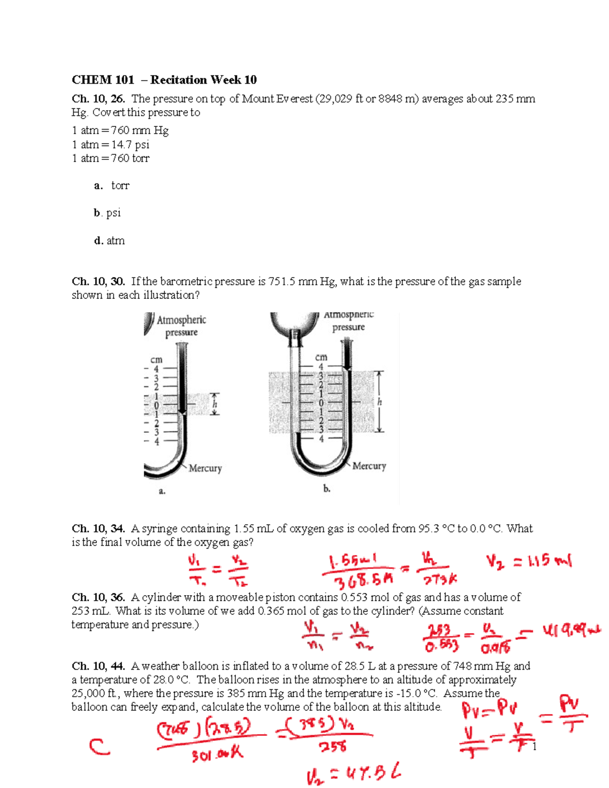 Week 10 Wrksht - Chem - CHEM 101 – Recitation Week 10 Ch. 10, 26. The ...