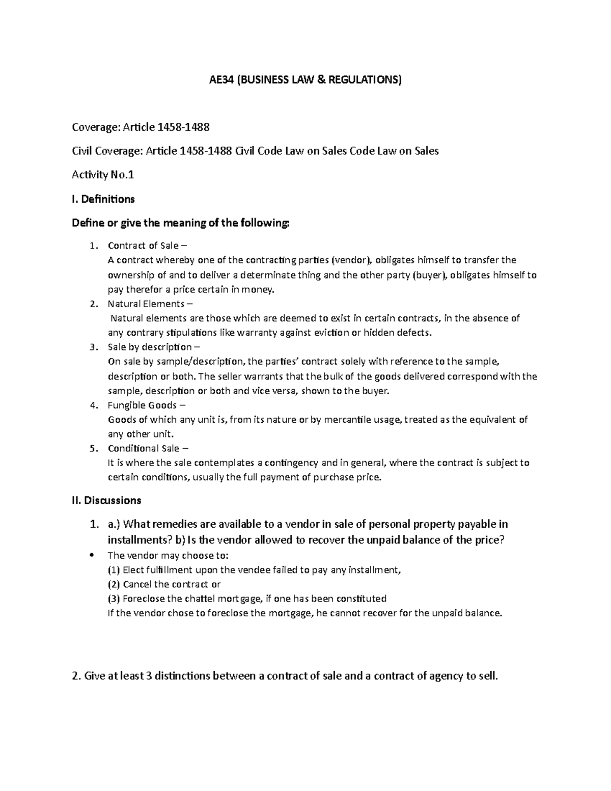 AE34 activity #01 - Lecture notes 1 - AE34 (BUSINESS LAW & REGULATIONS ...