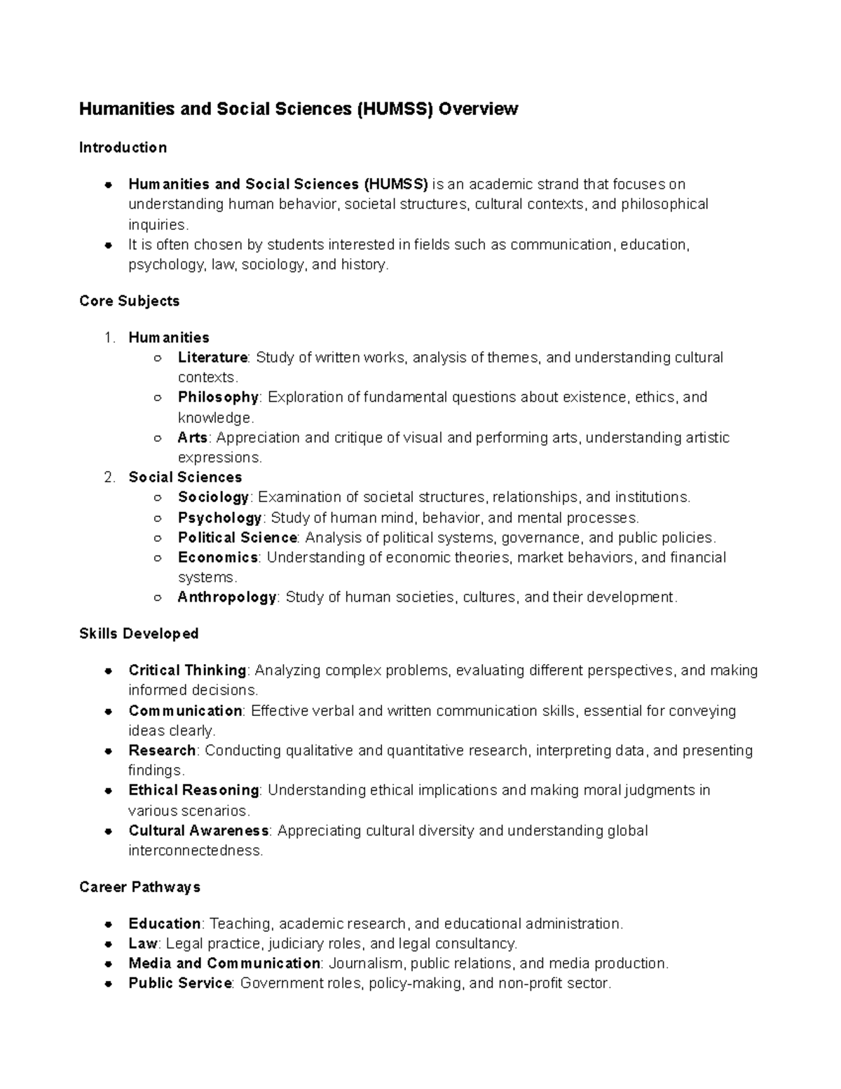 Humanities and Social Sciences ( Humss) Overview - Humanities and ...