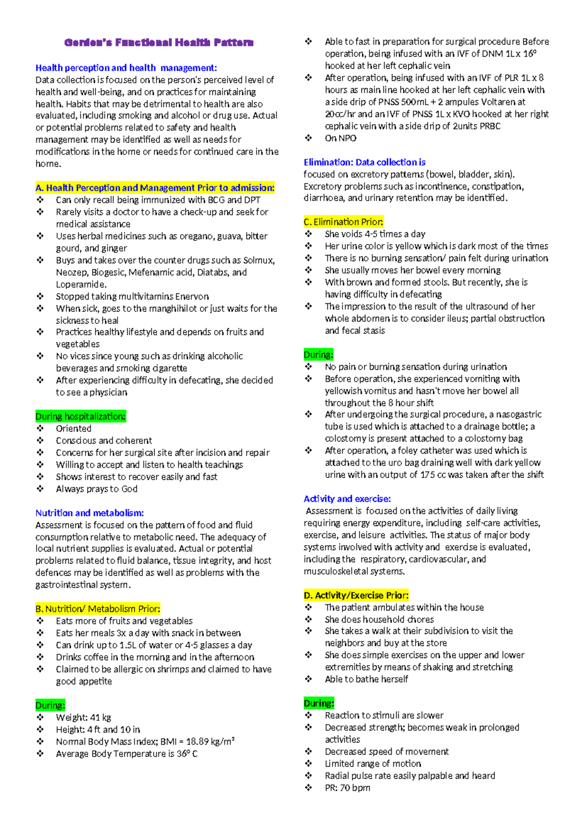 Gordon - Summary bs pharmacy - Gordon's Functional Health Pattern ...