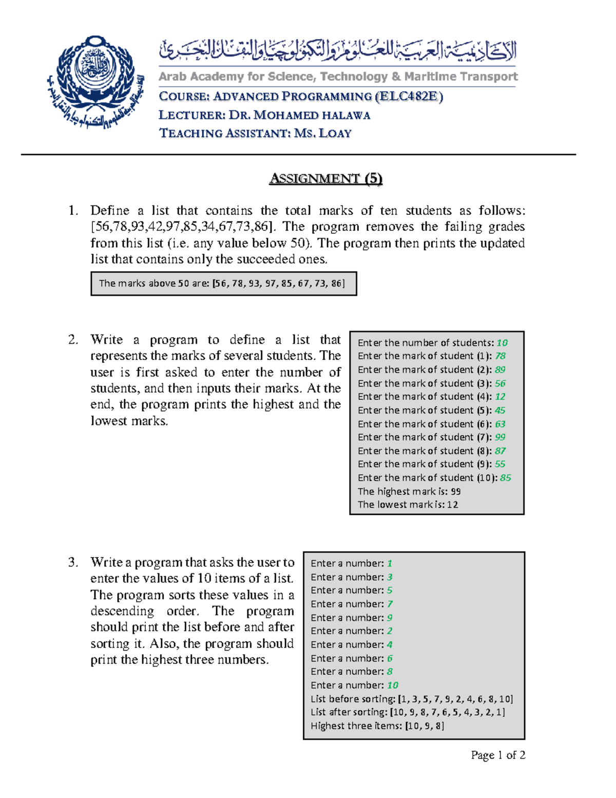 Assignment (5) 1 - COURSE: ADVANCED PROGRAMMING (ELC482E) LECTURER: DR ...