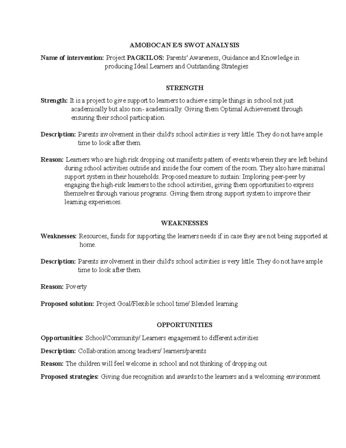 Swot-adm - JHI - AMOBOCAN E/S SWOT ANALYSIS Name of intervention ...