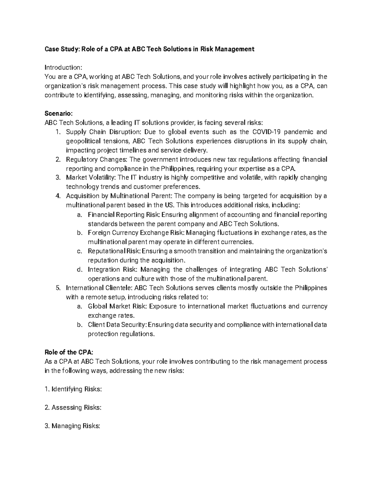 Case Study - Risk Management - Case Study: Role of a CPA at ABC Tech ...