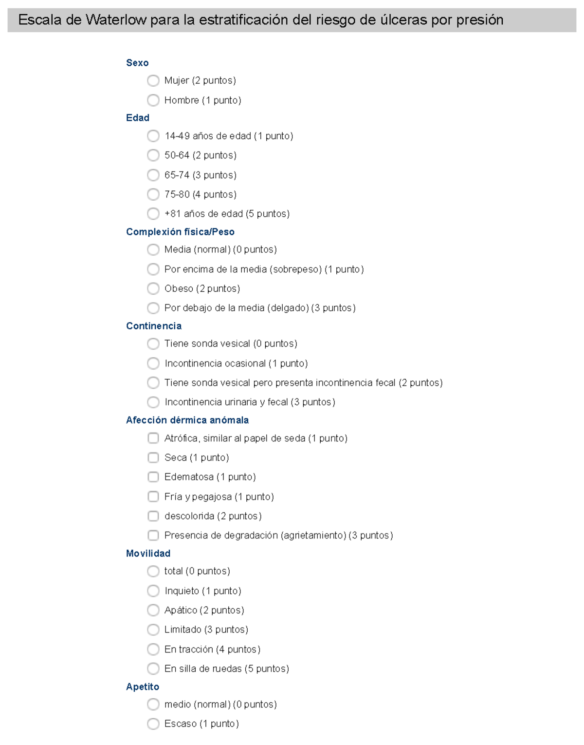 Escala de Waterlow para la estratificación del riesgo de úlceras por ...