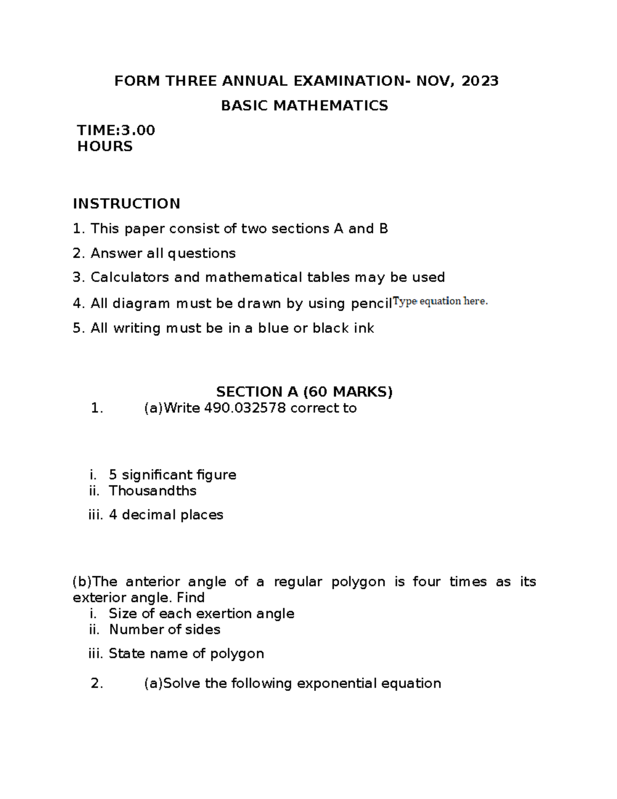 Basic Mathematics FORM Three Annual Examination 2023 - FORM THREE ...