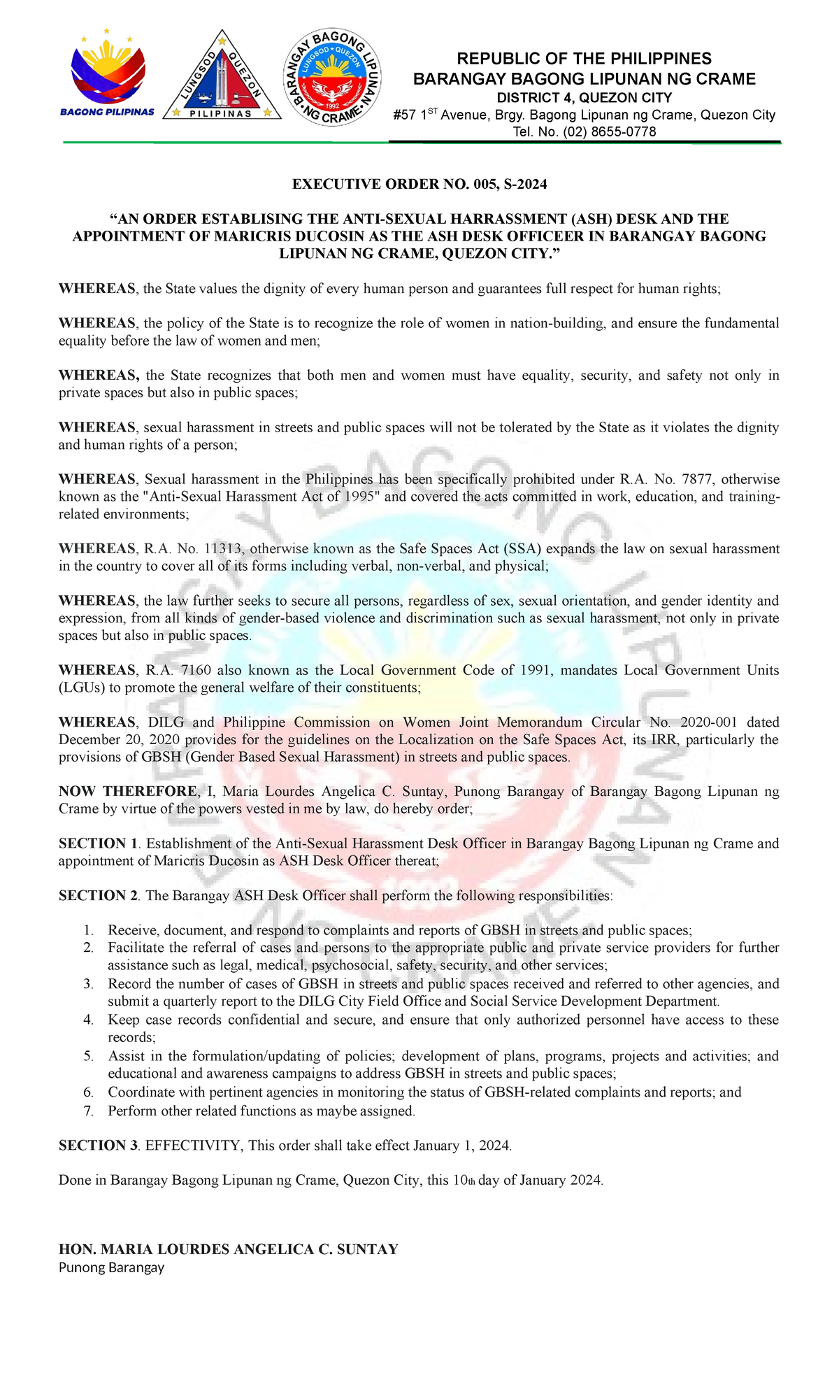 05 EO for ASH Desk Focal Person - REPUBLIC OF THE PHILIPPINES BARANGAY ...