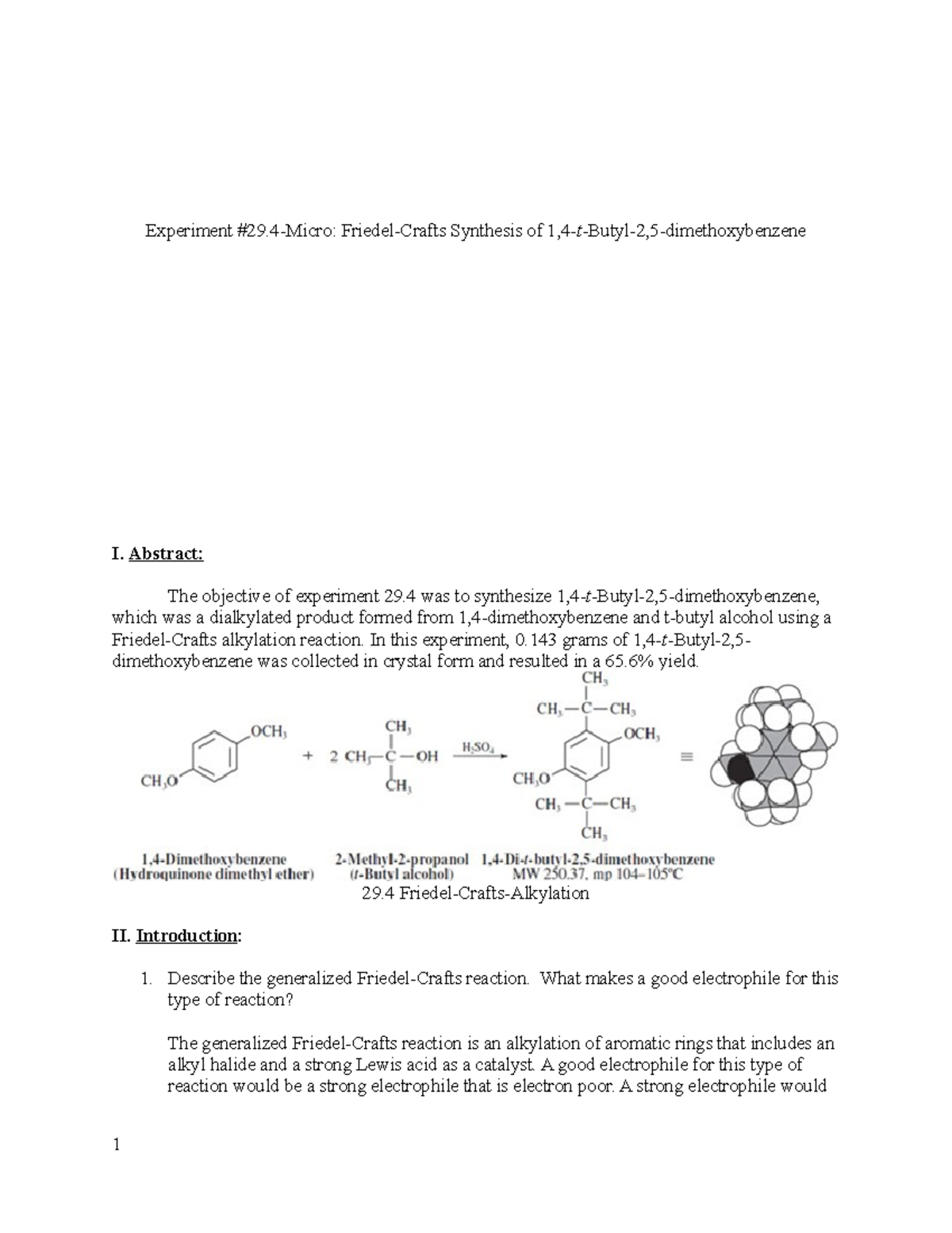 Experiment 29 - Lab Report - Experiment #29-Micro: Friedel-Crafts ...