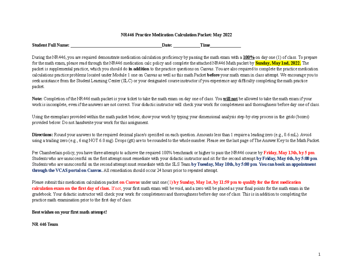 NR446 Math Practice Packet May 2022 NR446 Practice Medication 