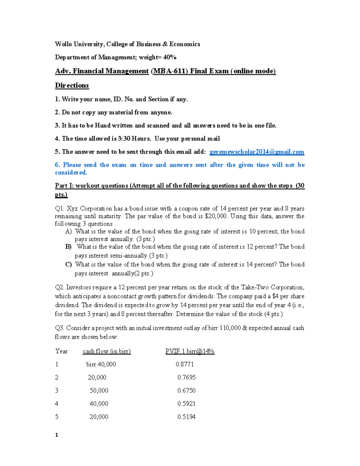 Fm -MBA611Exam - Financial management exam - 1 Wollo University ...
